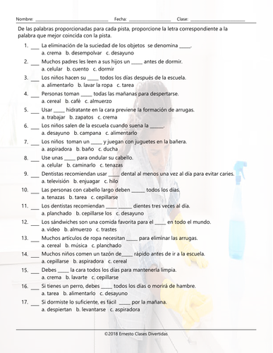 Daily Activities Multiple Choice Spanish Worksheet | Teaching Resources