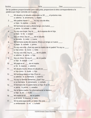 Family Members Multiple Choice Spanish Worksheet | Teaching Resources
