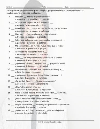 Feelings and Emotions Multiple Choice Spanish Worksheet | Teaching ...