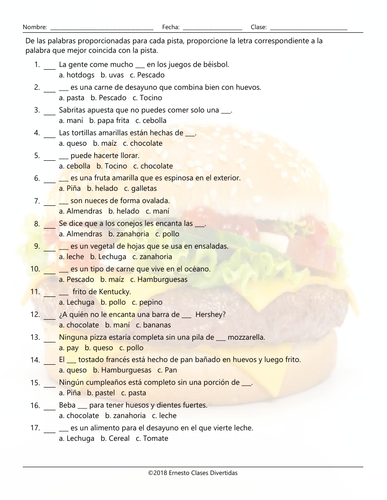 Food Items Multiple Choice Spanish Worksheet | Teaching Resources
