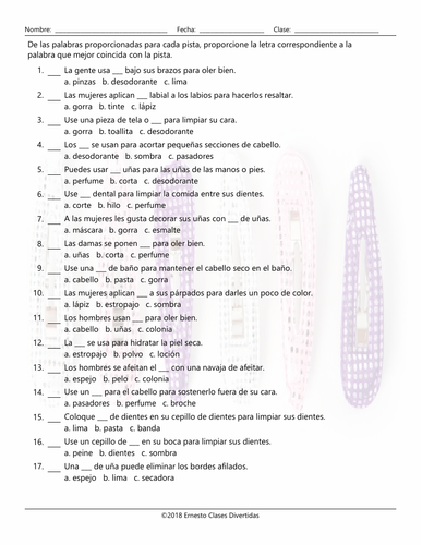 Health and Personal Hygiene Multiple Choice Spanish Worksheet ...