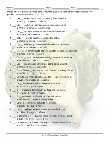 Healthy Lifestyle and Nutrition Multiple Choice Spanish Worksheet ...