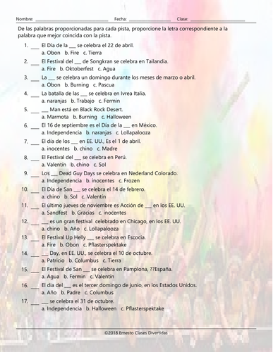 Holidays and Festivals Around the World Multiple Choice Spanish ...