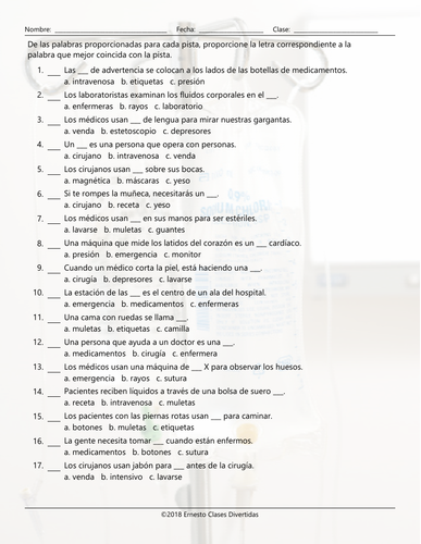 Hospitals and Injuries Multiple Choice Spanish Worksheet | Teaching ...