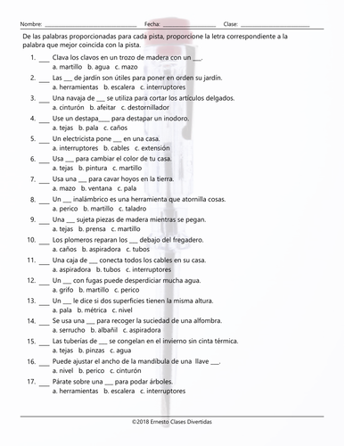 House Repairs, Tools, and Supplies Multiple Choice Spanish Worksheet ...