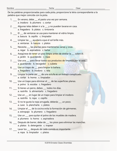 Household Chores and Cleaning Supplies Multiple Choice Spanish ...