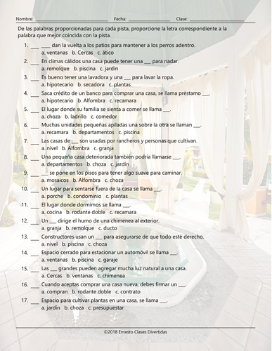 Houses-Apartments Features and Appliances Multiple Choice Spanish ...