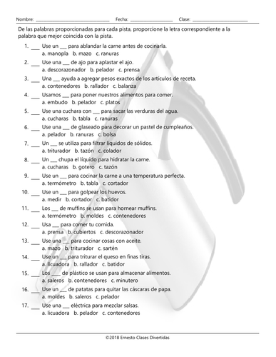 Kitchen Cookware and Utensils Multiple Choice Spanish Worksheet ...