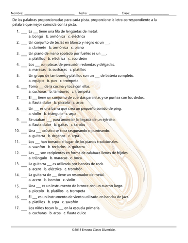 Musical Instruments Multiple Choice Spanish Worksheet | Teaching Resources