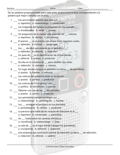 News Media Multiple Choice Spanish Worksheet | Teaching Resources