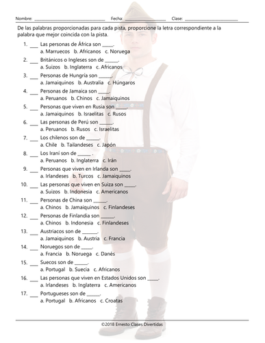 Origins and Nationalities Multiple Choice Spanish Worksheet | Teaching ...