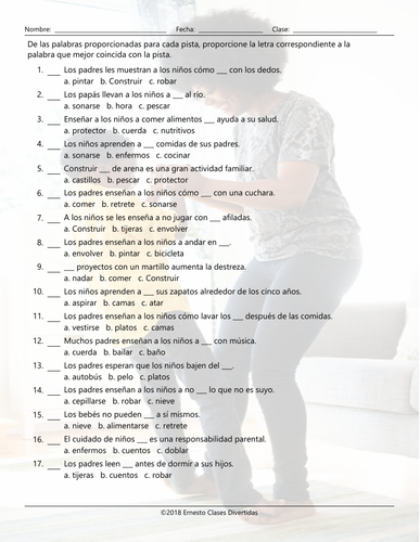 Parenting Activities Multiple Choice Spanish Worksheet | Teaching Resources