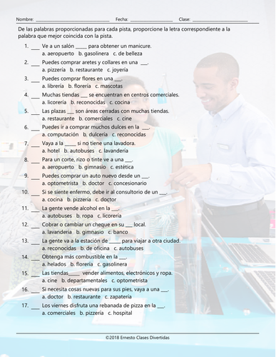 Places and Buildings Multiple Choice Spanish Worksheet | Teaching Resources