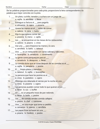 Restaurant Things and Activities Multiple Choice Spanish Worksheet ...