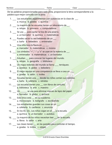 School Items, Places, and Subjects Multiple Choice Spanish Worksheet ...