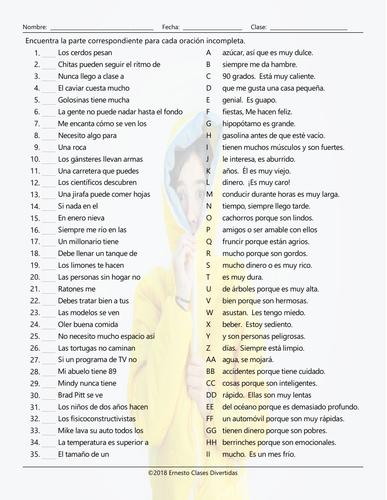 Adjectives Sentence Match Spanish Worksheet | Teaching Resources