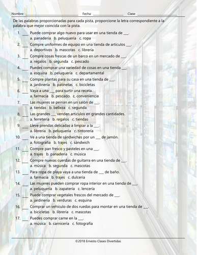 Stores and Shops Multiple Choice Spanish Worksheet | Teaching Resources