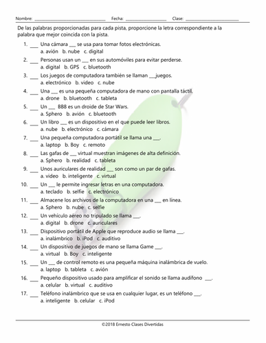 Technology and Gadgets Multiple Choice Spanish Worksheet | Teaching ...