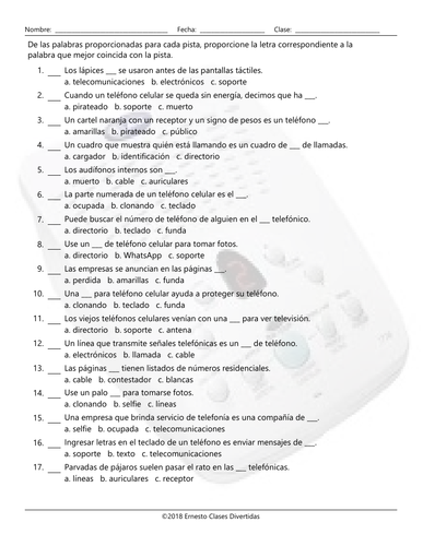 Telephones Multiple Choice Spanish Worksheet | Teaching Resources