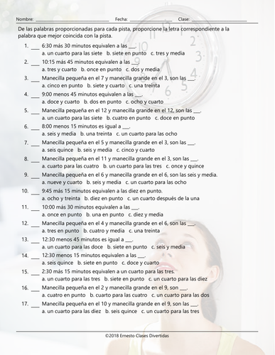 Telling Time Multiple Choice Spanish Worksheet | Teaching Resources