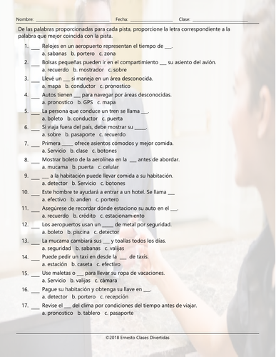 Travel Items and Modes Multiple Choice Spanish Worksheet | Teaching ...