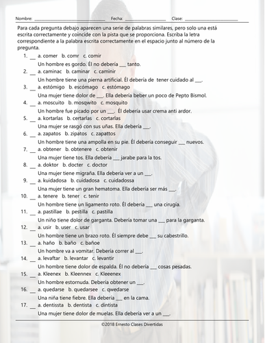 Advice Modals Spelling Challenge Spanish Worksheet | Teaching Resources