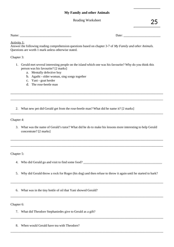 My Family and Other Animals Pack | Teaching Resources