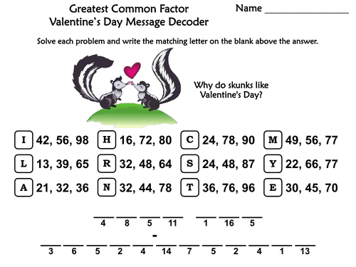 Greatest Common Factor Valentine's Day Math Activity: Message Decoder ...