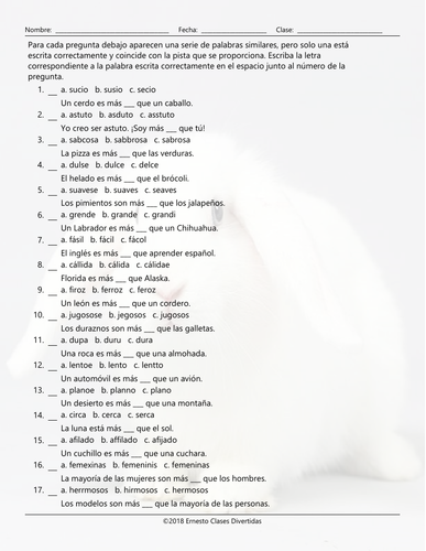 Comparative Adjectives Spelling Challenge Spanish Worksheet | Teaching ...