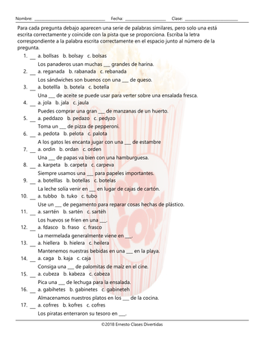 Container Words Spelling Challenge Spanish Worksheet | Teaching Resources