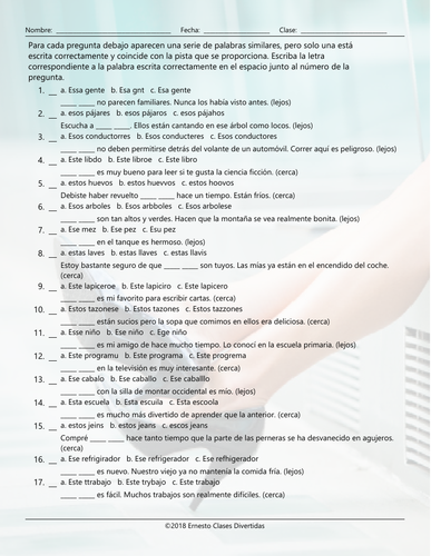 Demonstrative Adjectives Spelling Challenge Spanish Worksheet ...