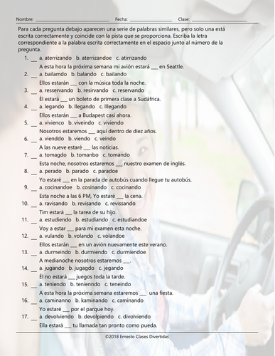 Future Continuous Tense Spelling Challenge Spanish Worksheet | Teaching ...