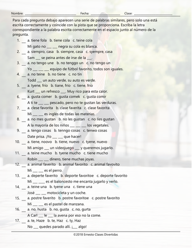 Have, Do, Like, and Favorites Spelling Challenge Spanish Worksheet ...
