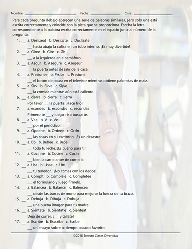 Imperative Verbs Spelling Challenge Spanish Worksheet | Teaching Resources