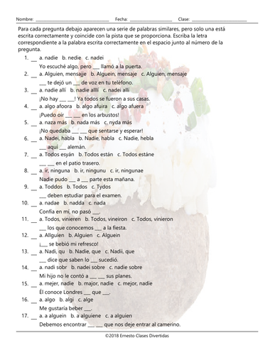 Indefinite Pronouns Spelling Challenge Spanish Worksheet | Teaching ...