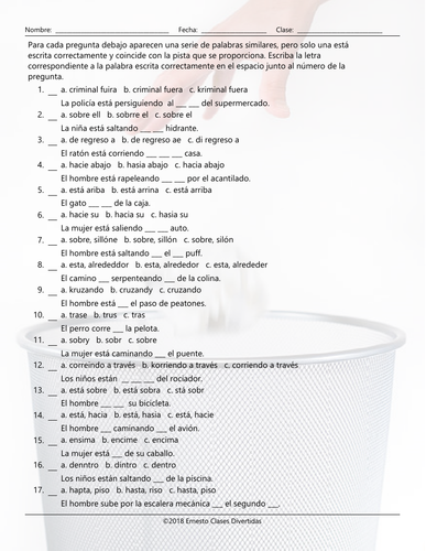 Movement Prepositions Spelling Challenge Spanish Worksheet | Teaching ...