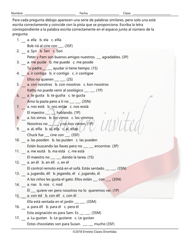 Object Pronouns Spelling Challenge Spanish Worksheet | Teaching Resources