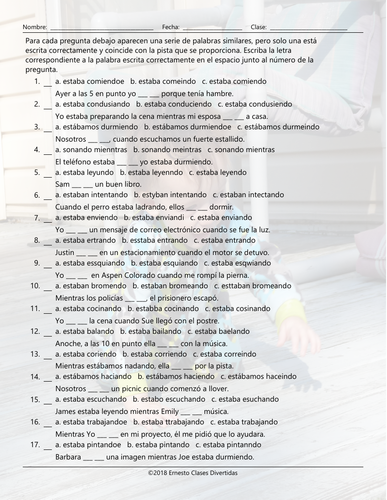 Past Continuous Tense Spelling Challenge Spanish Worksheet | Teaching ...