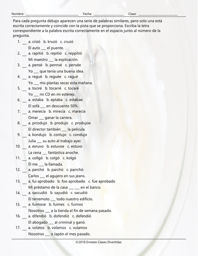 Past Simple Tense with Irregular Verbs Spelling Challenge Spanish ...