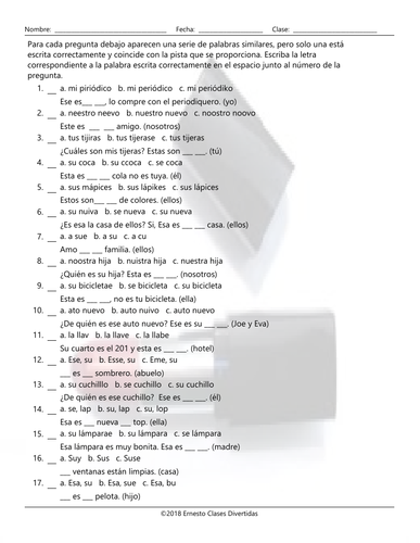 Possessive Adjectives Spelling Challenge Spanish Worksheet | Teaching ...