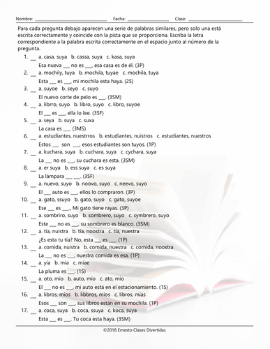 Possessive Pronouns Spelling Challenge Spanish Worksheet | Teaching ...