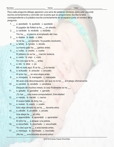Present Perfect Tense Spelling Challenge Spanish Worksheet | Teaching ...