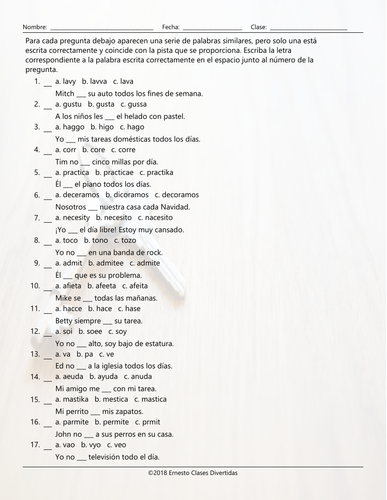Present Simple Tense Spelling Challenge Spanish Worksheet | Teaching ...