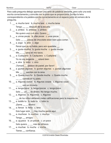 Quantifiers Spelling Challenge Spanish Worksheet | Teaching Resources