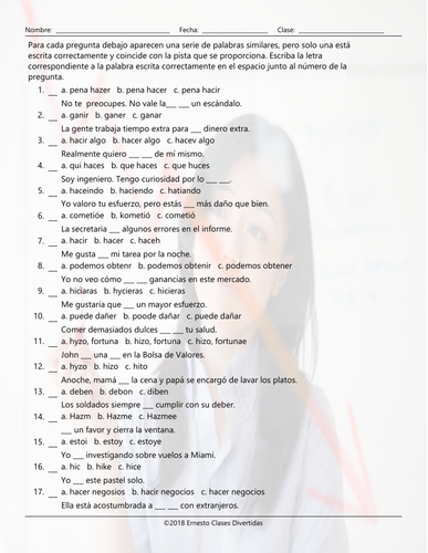 Verb Hacer Spelling Challenge Spanish Worksheet | Teaching Resources