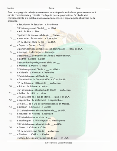 American versus Mexican Holidays Spelling Challenge Spanish Worksheet ...