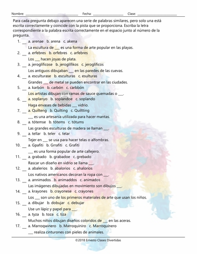 Art Forms Spelling Challenge Spanish Worksheet | Teaching Resources