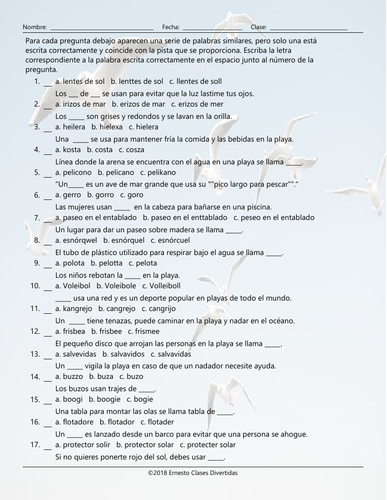 Beach Things and Activities Spelling Challenge Spanish Worksheet ...