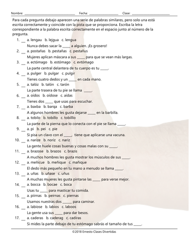 Body Parts Spelling Challenge Spanish Worksheet | Teaching Resources