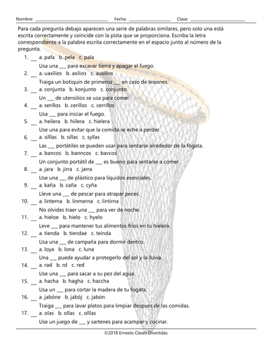 Camping Things and Activities Spelling Challenge Spanish Worksheet ...